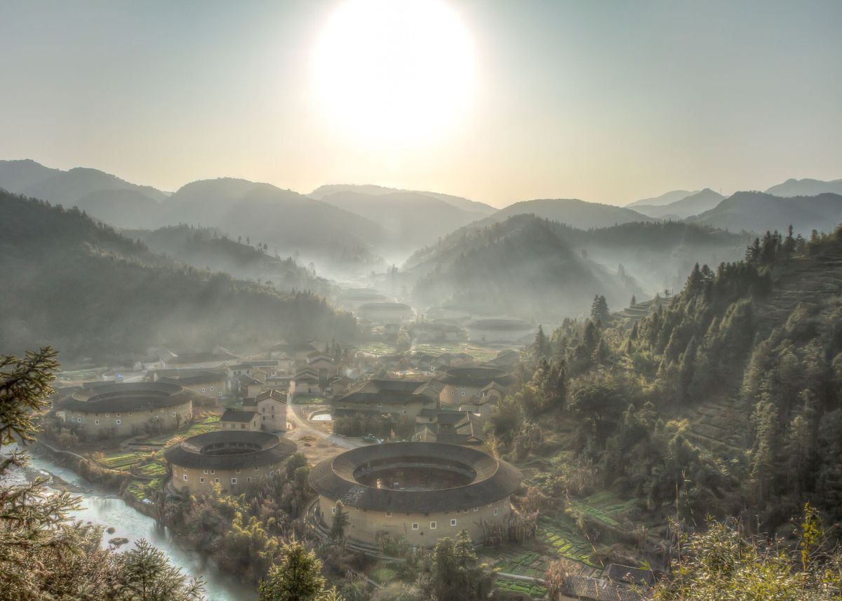 'Sunrise over He Keng Tulou village in Fujian province, ... ' Poster ...