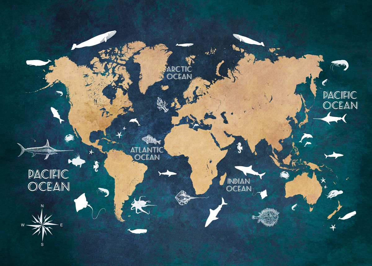 'World Map Oceans Life' Poster, picture, metal print, paint by JBJart ...