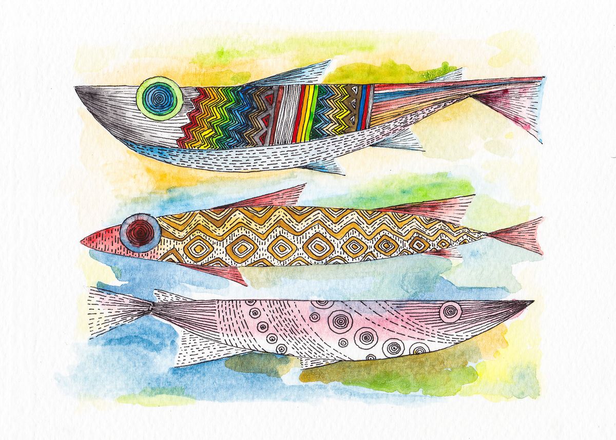 'Three Fish' Poster, picture, metal print, paint by Det Tidkun | Displate