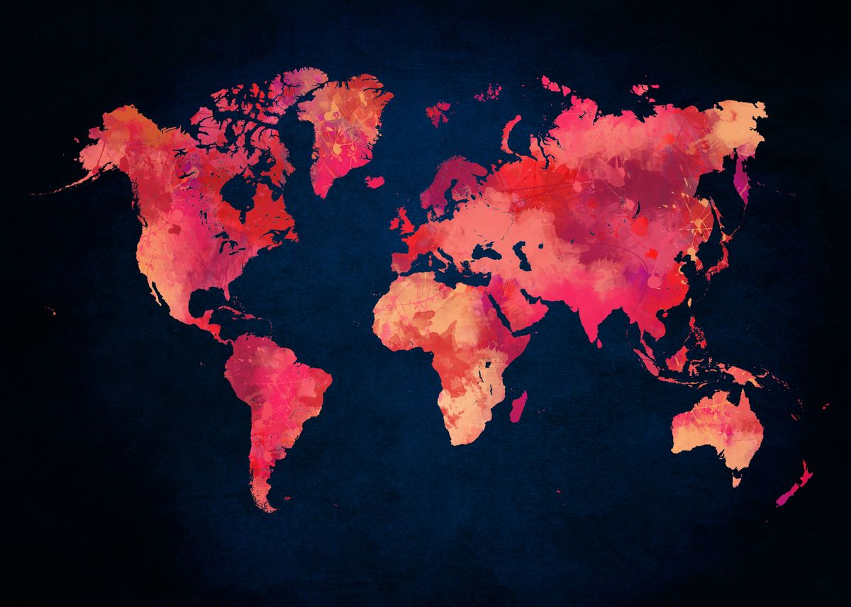 'World map red' Poster, picture, metal print, paint by JBJart Justyna ...