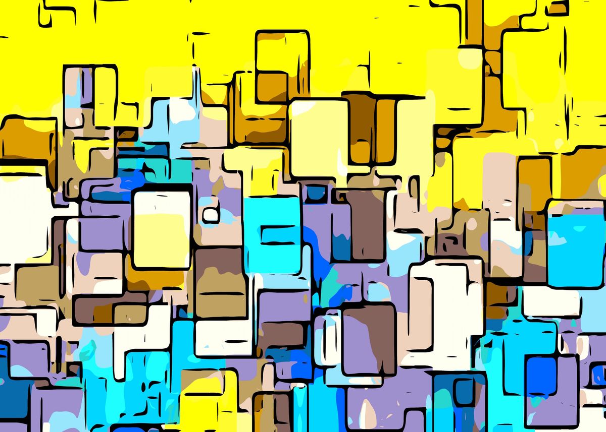 'geometric graffiti square pattern abstract in yellow bl ... ' Poster ...