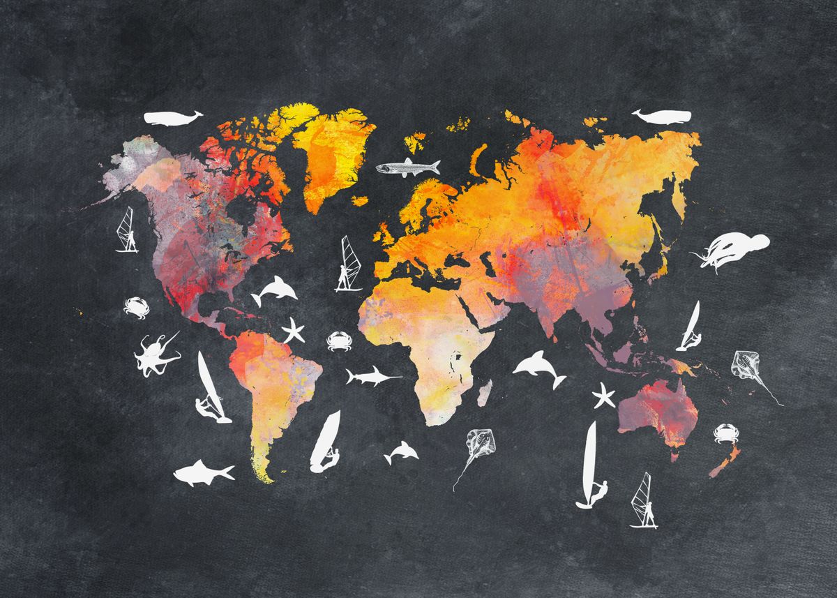 'world map fish and surf' Poster by JBJart Justyna Jaszke | Displate