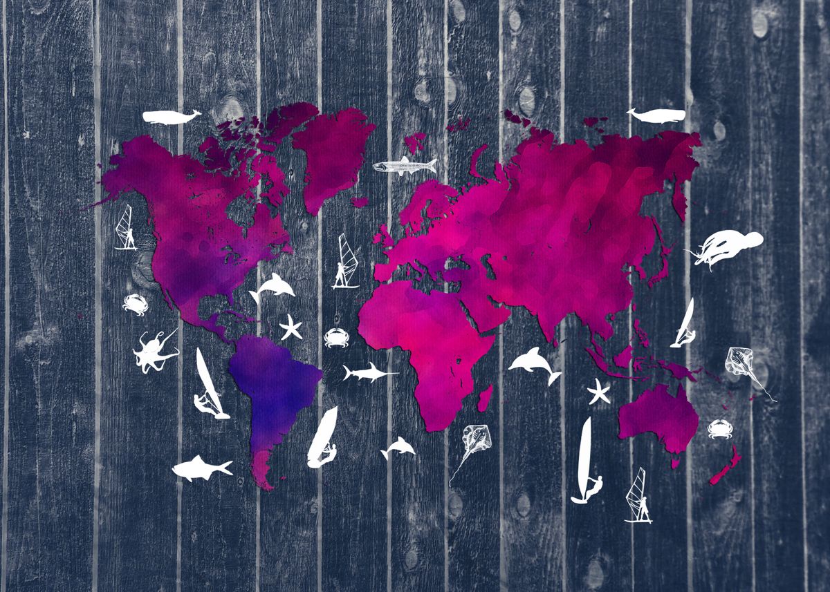 'world map purple fish and surf' Poster by JBJart Justyna Jaszke | Displate