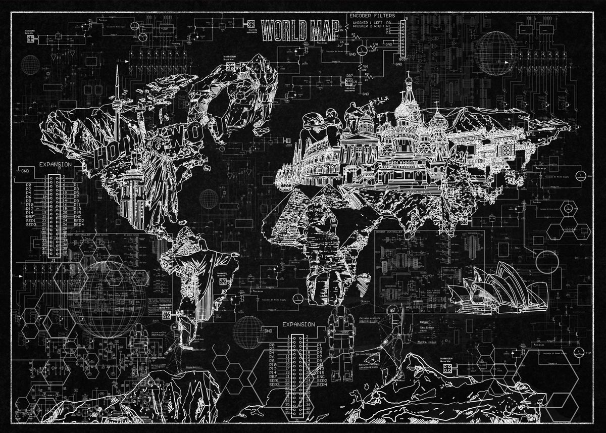 'world map blueprint 3' Poster, picture, metal print, paint by Bekim Art | Displate