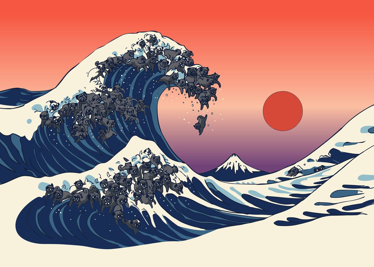 'The Great Wave Black Pug' Poster, picture, metal print, paint by ...
