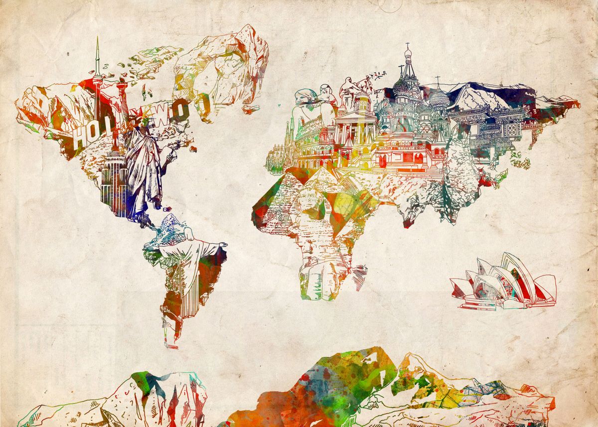 'world map collage vintage' Poster, picture, metal print, paint by ...