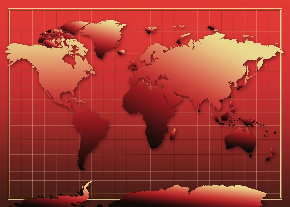 'world map modern red' Poster, picture, metal print, paint by Bekim Art | Displate