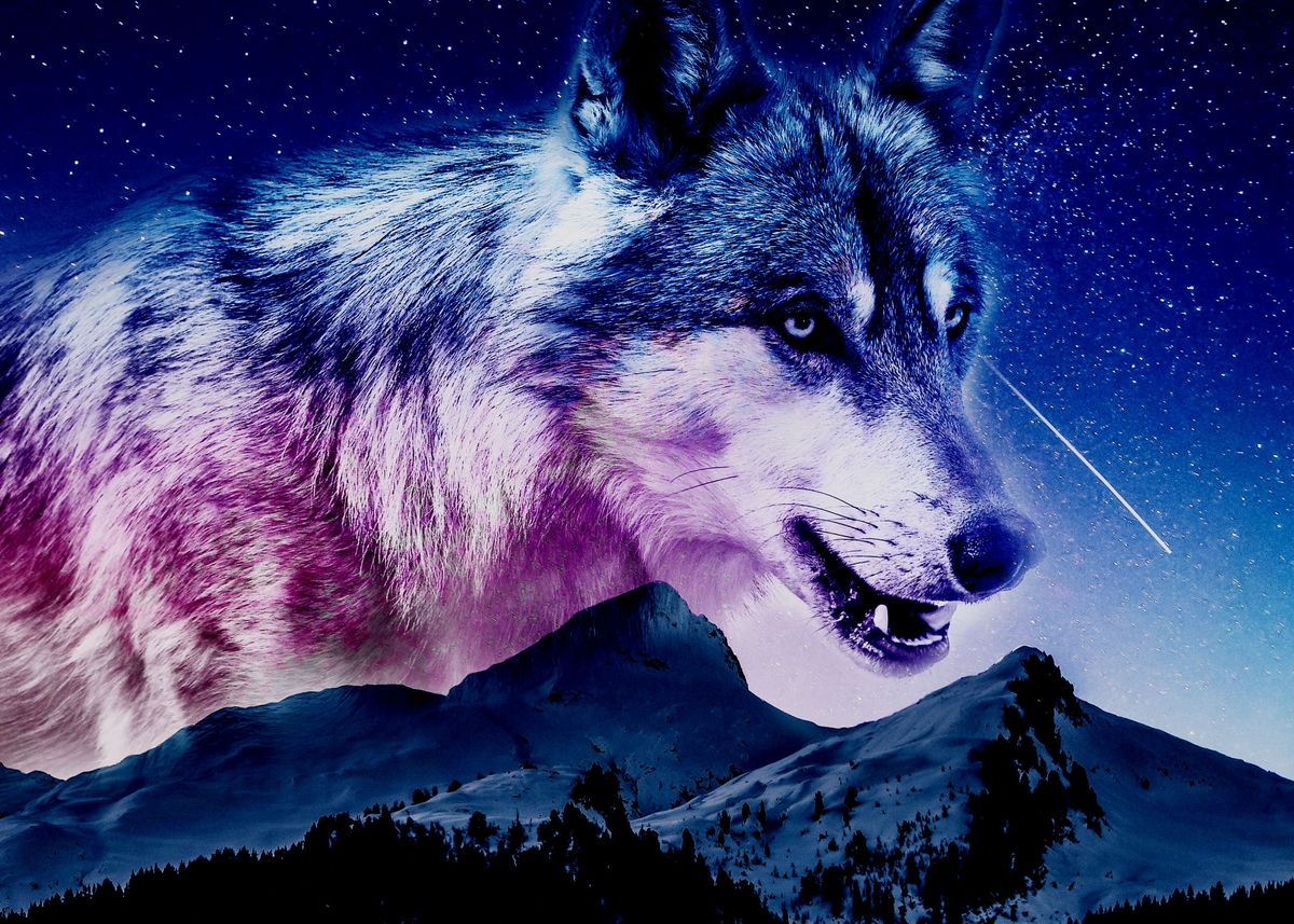 'Wolf in Sky' Poster, picture, metal print, paint by dmc 696 | Displate