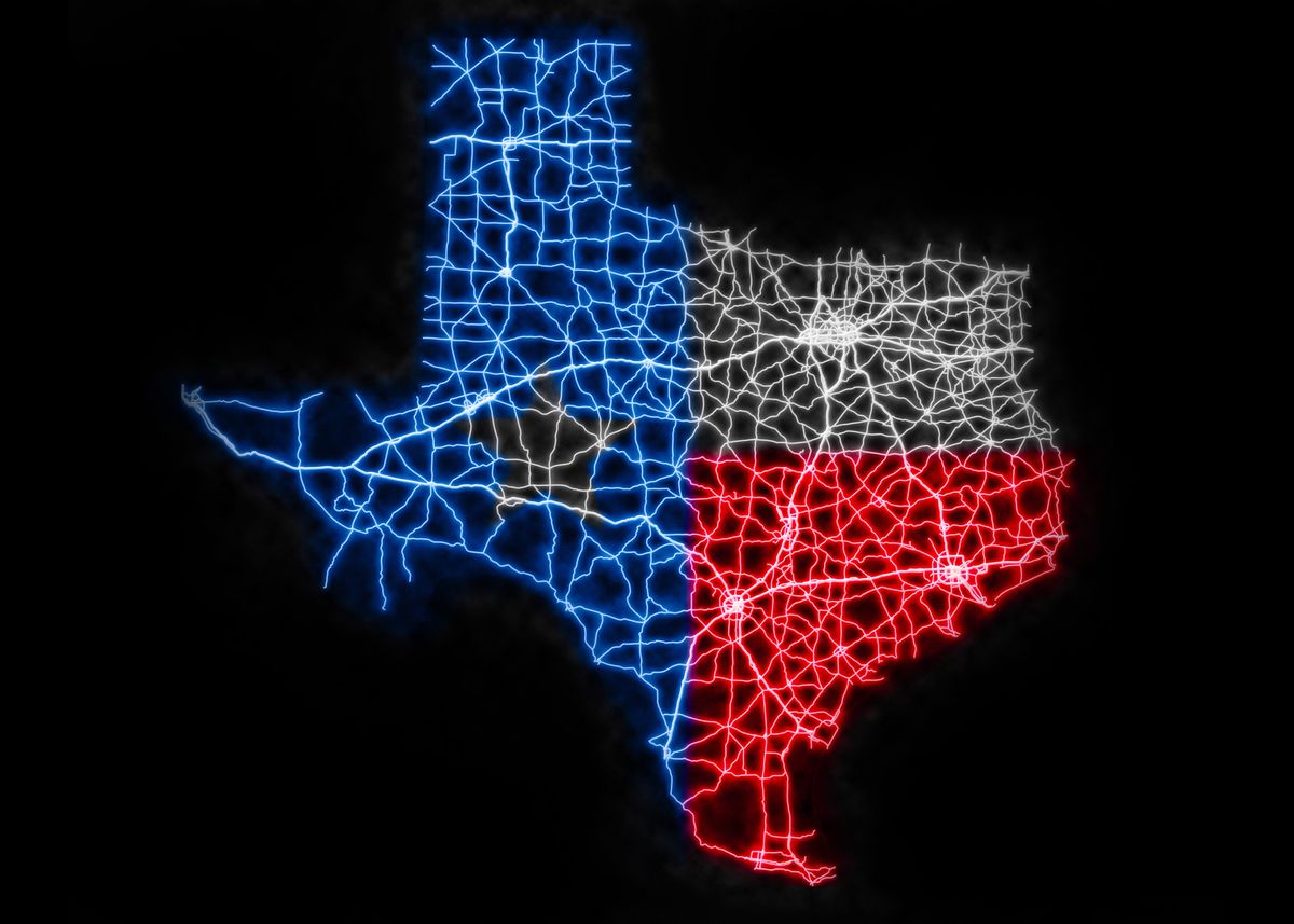 'Texas Highway Map in Neon ' Poster, picture, metal print, paint by ...