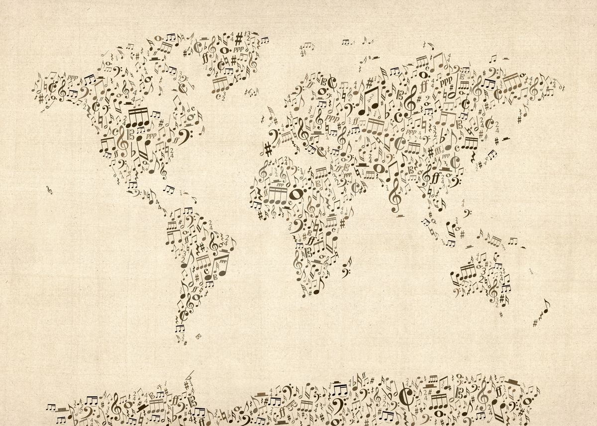 'Music Notes World Map' Poster, picture, metal print, paint by Michael ...