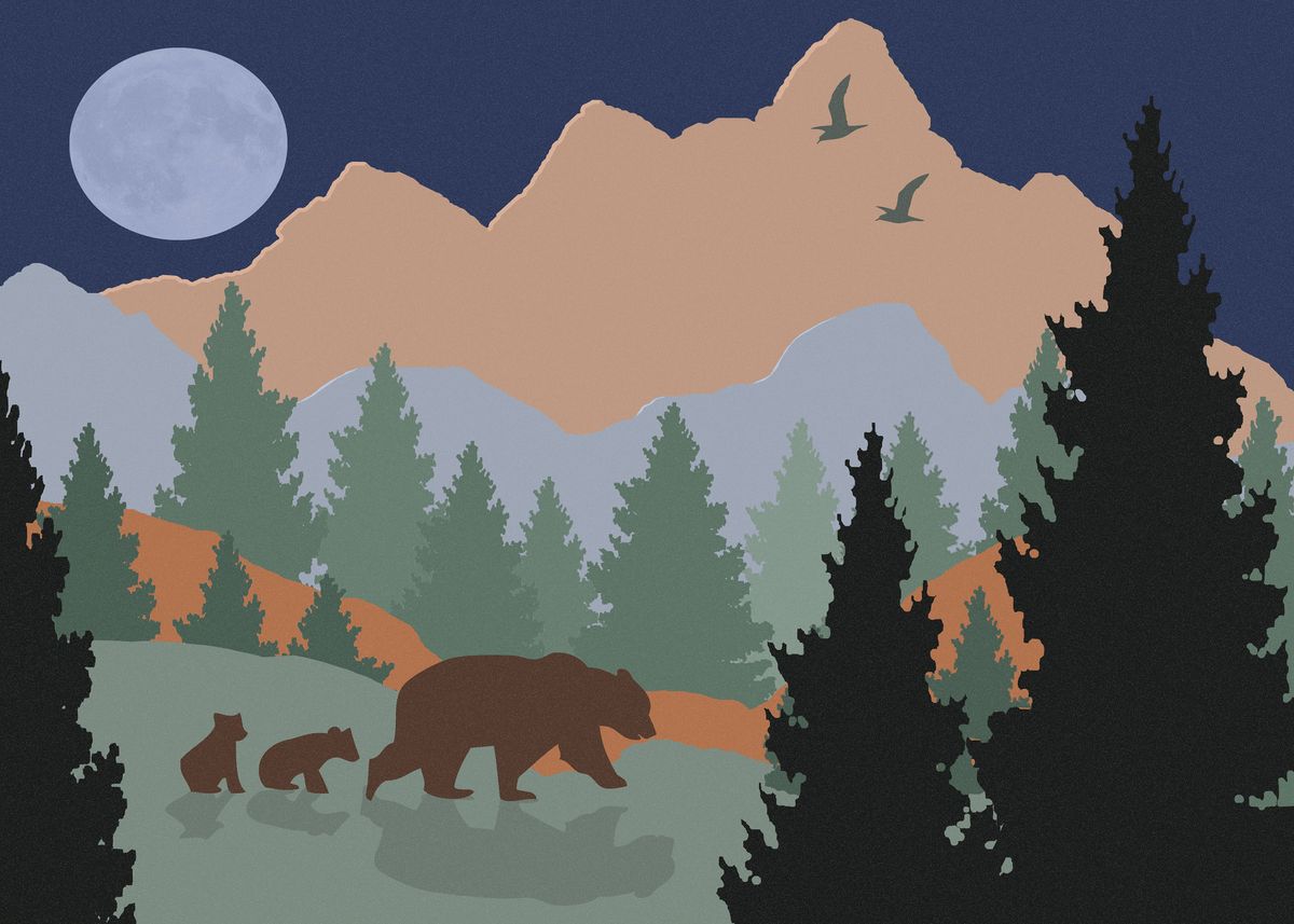 'Mountain Scene Bear + Cubs' Poster, picture, metal print, paint by ...