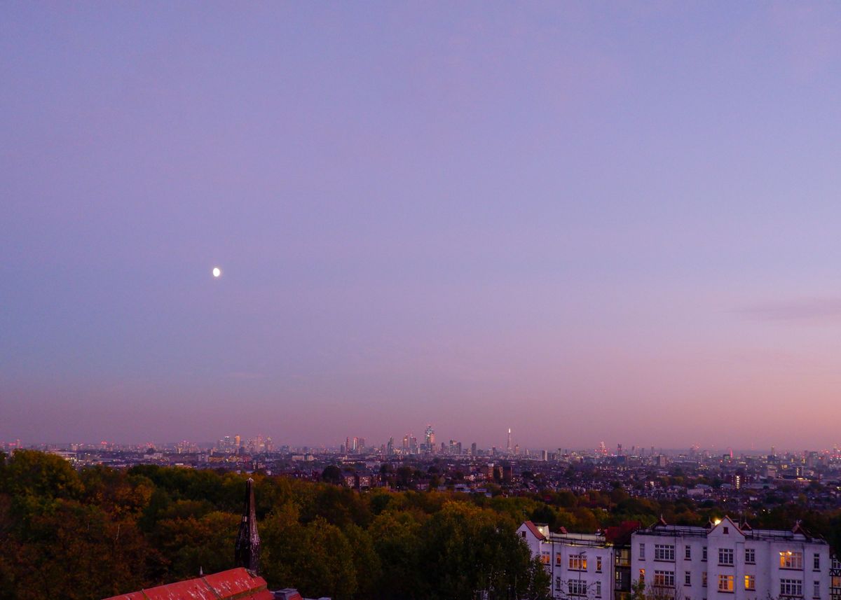 'London sunset with moon' Poster, picture, metal print, paint by Jamie ...