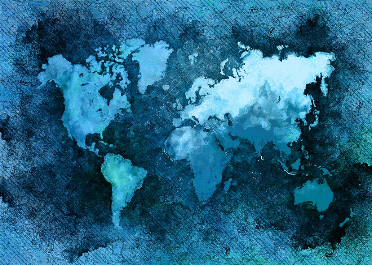 'world map blue' Poster, picture, metal print, paint by JBJart Justyna ...