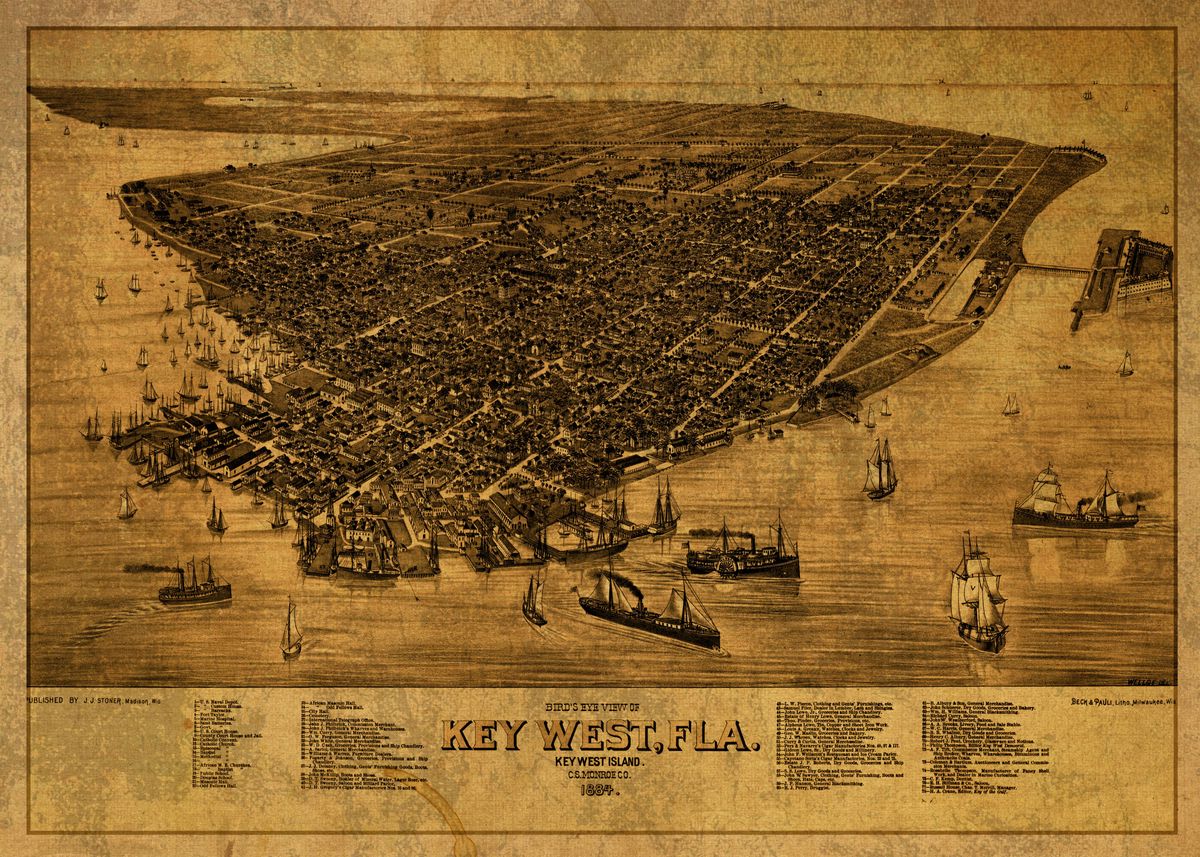 'Key West Florida Map 1884' Poster, picture, metal print, paint by ...