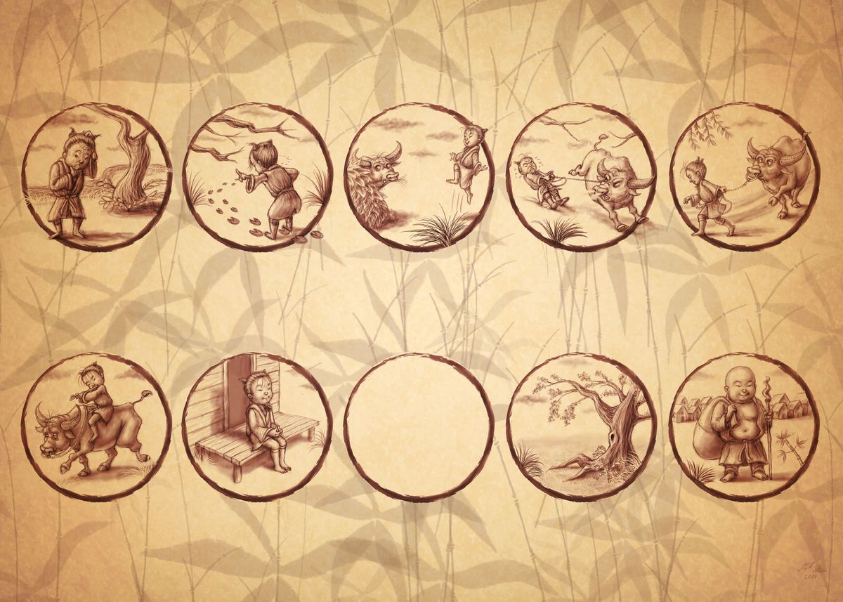 'The ten oxherding pictures' Poster, picture, metal print, paint by Peter Mahr | Displate