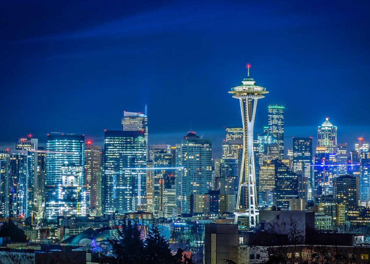 'Seattle skyline blue sky' Poster, picture, metal print, paint by ...