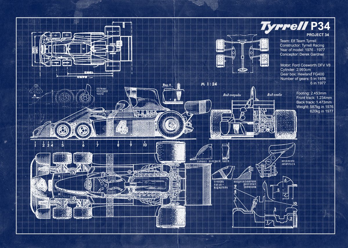 'Tyrrell P34 blueprint' Poster by Melvin Campos Casares | Displate