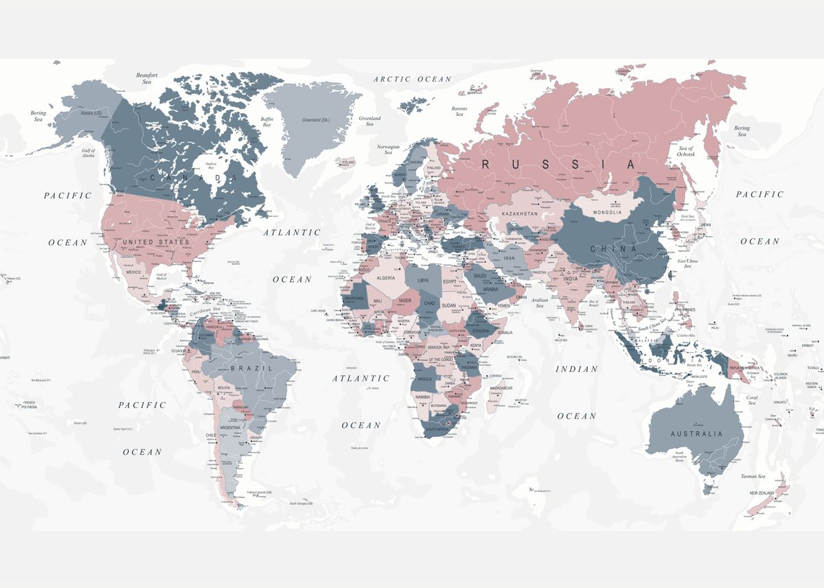 'World Map in Pink and Blue' Poster, picture, metal print, paint by ...