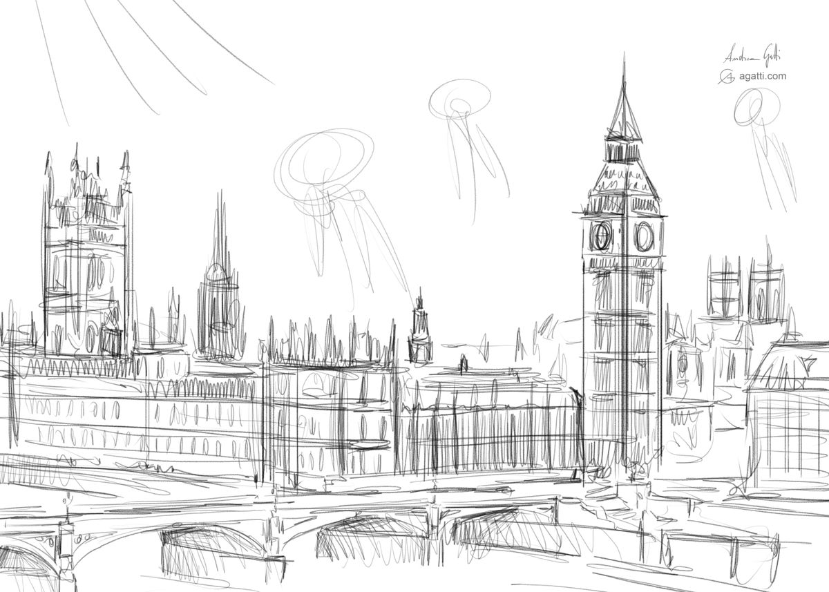 'London landscape drawing' Poster, picture, metal print, paint by ...