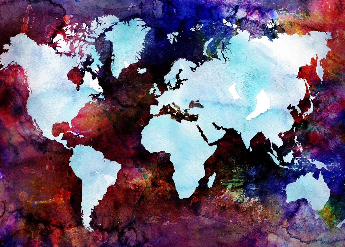 'Watercolor Dark World Map' Poster, picture, metal print, paint by Dim ...