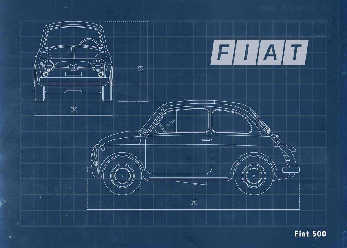 'Fiat 500 Blueprint' Poster, picture, metal print, paint by Paul Solis ...