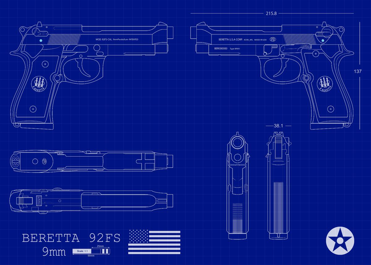 'BERETTA 92FS 9 mm Blue' Poster, picture, metal print, paint by Atomic ...