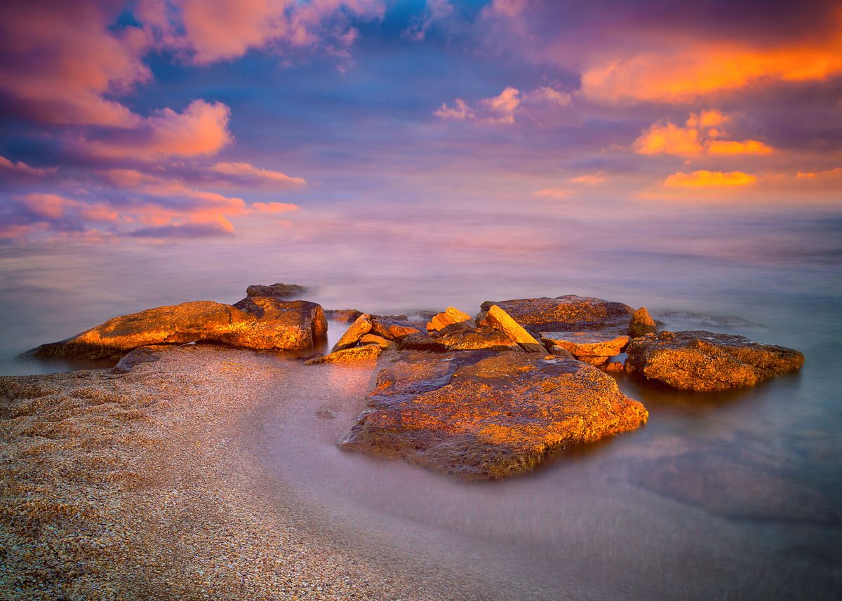 'Beautiful Sunset Over Rock' Poster, picture, metal print, paint by ...