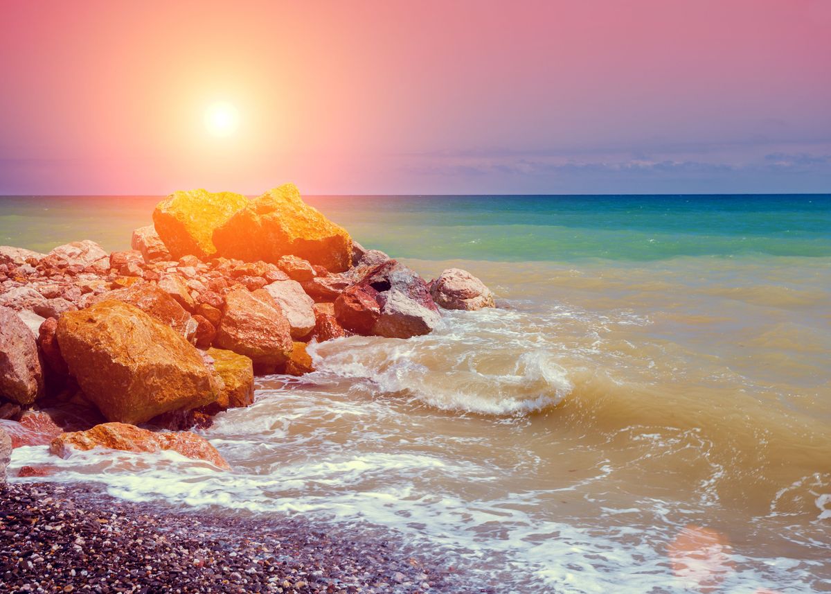 'Sunset Over Rocky Coast' Poster by Stunning Wallpapers | Displate