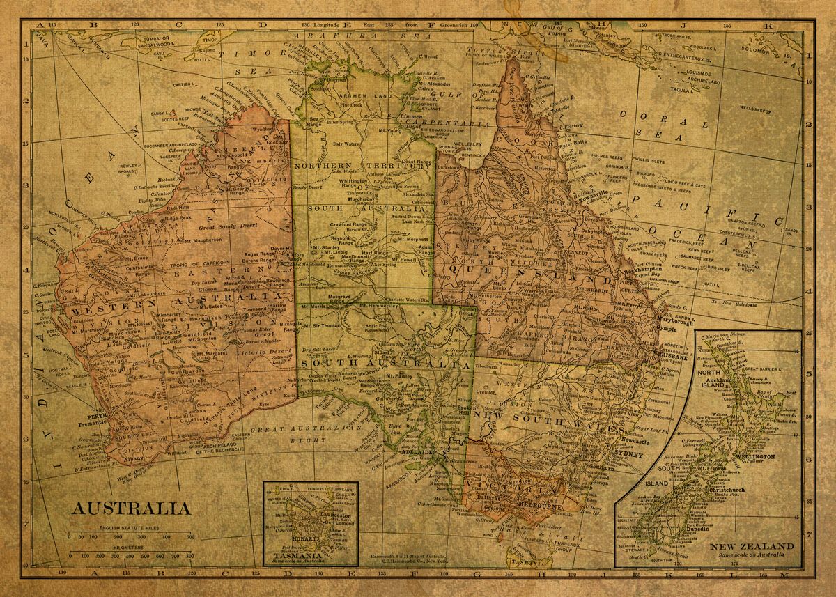 'Vintage Map of Australia' Poster, picture, metal print, paint by ...