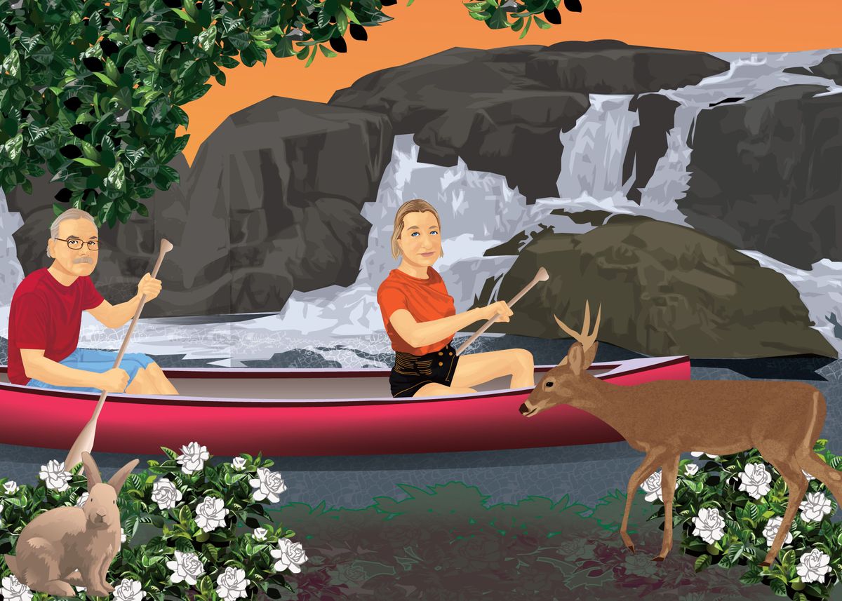 'canoe w waterfall' Poster by Julie Grissom | Displate