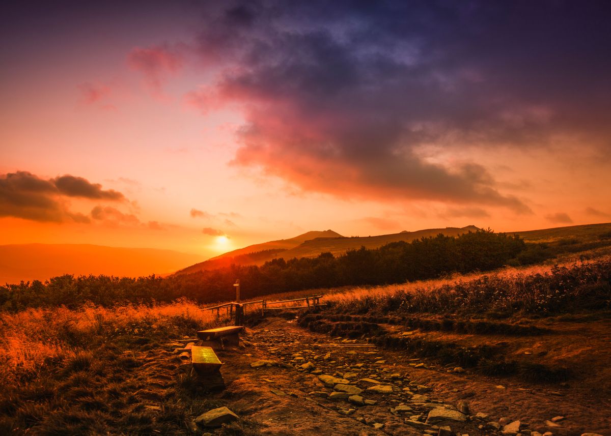 'Sunset on a mountain trail' Poster, picture, metal print, paint by ...