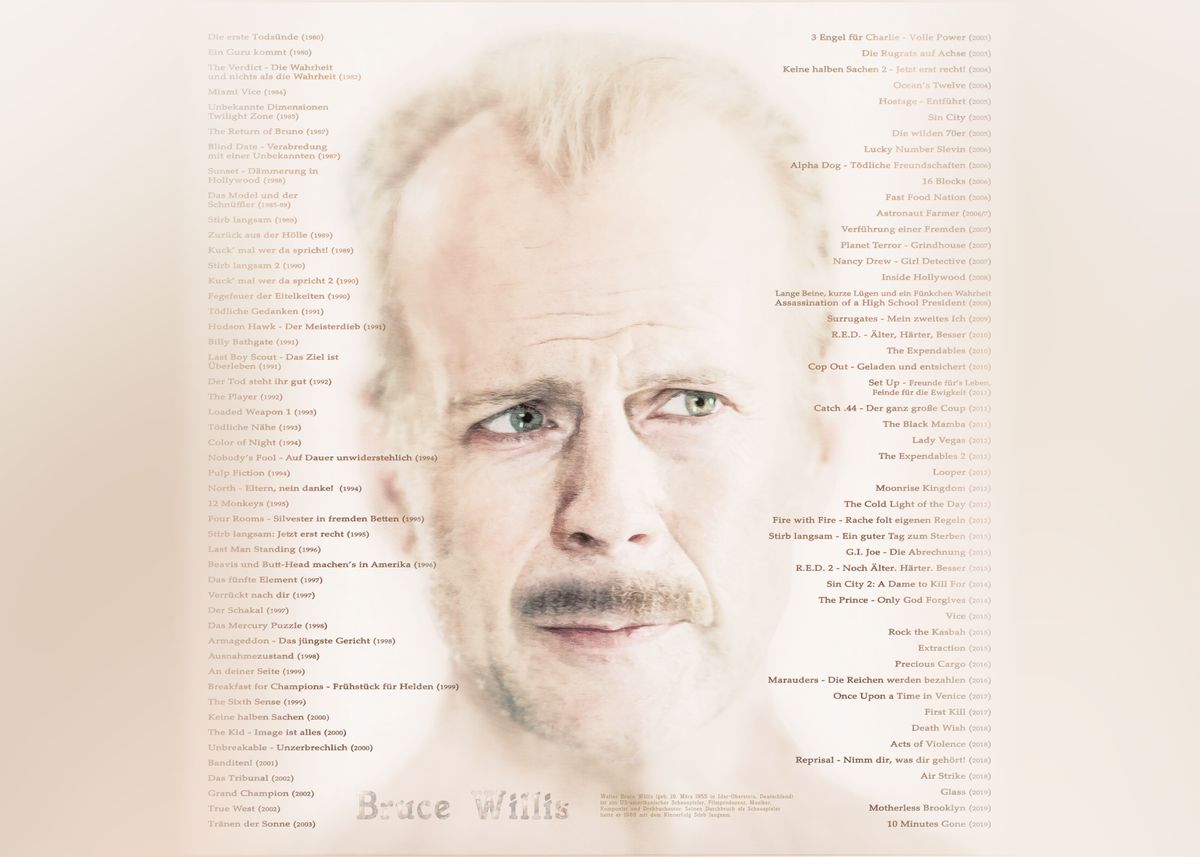 'Bruce Willis filmography' Poster, picture, metal print, paint by ...