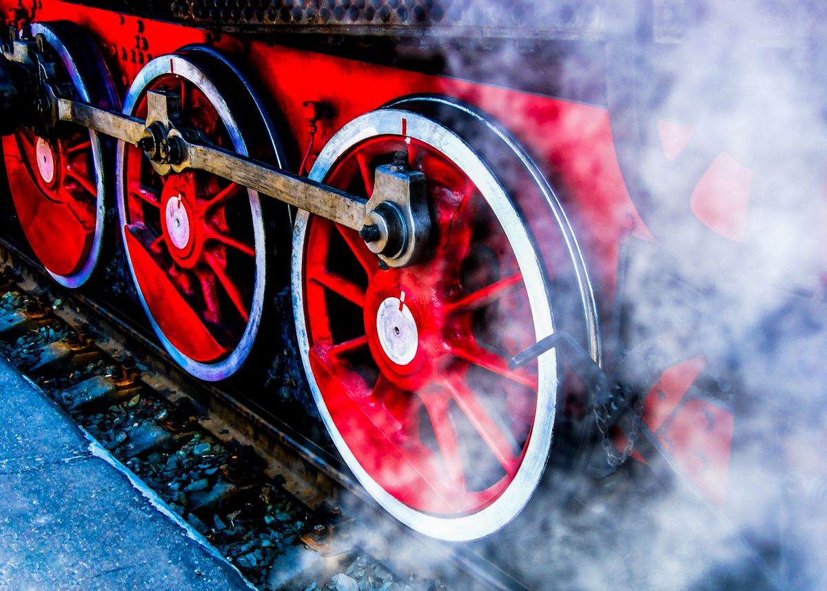 'Red Wheels White Steam' Poster, picture, metal print, paint by Art ...