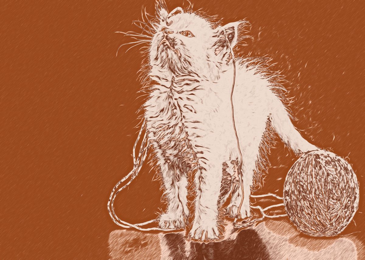 'cat playing with thread' Poster, picture, metal print, paint by des ...