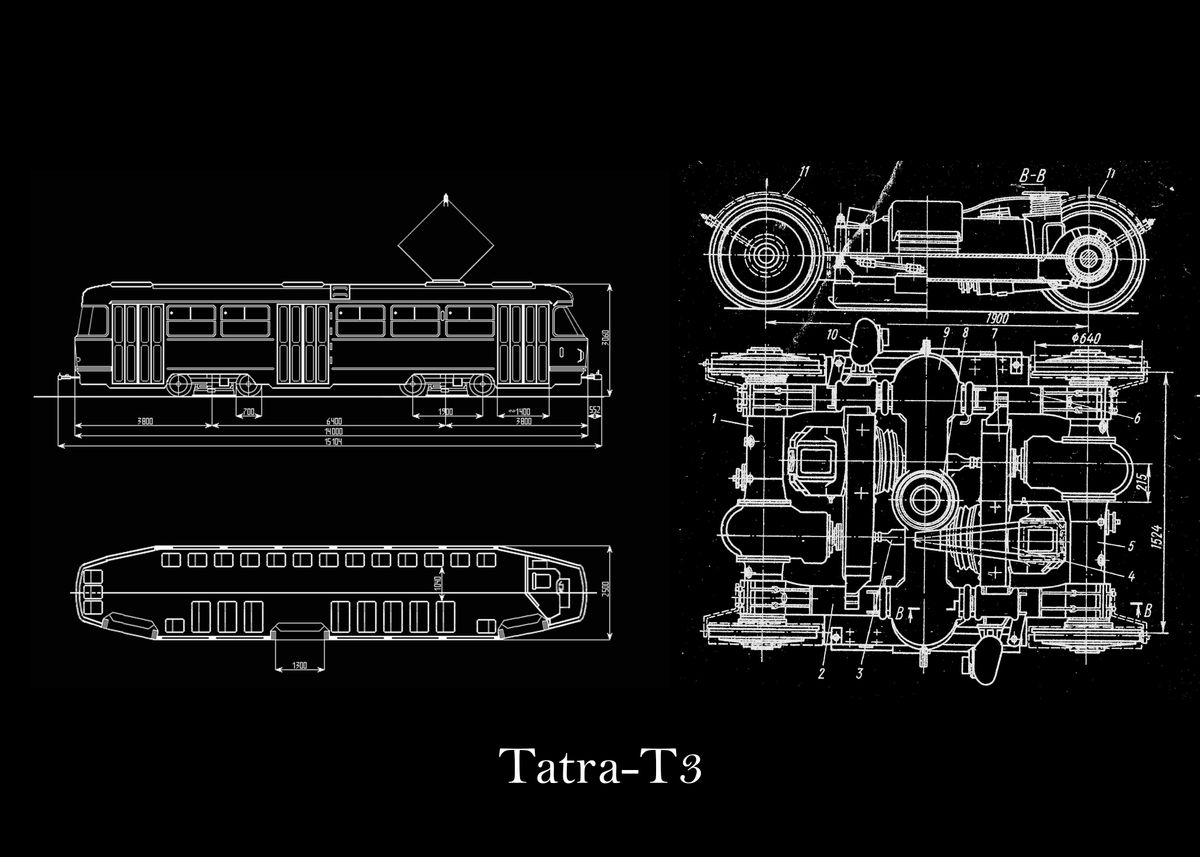 'Tatra T3 train blueprint' Poster, picture, metal print, paint by B & W ...