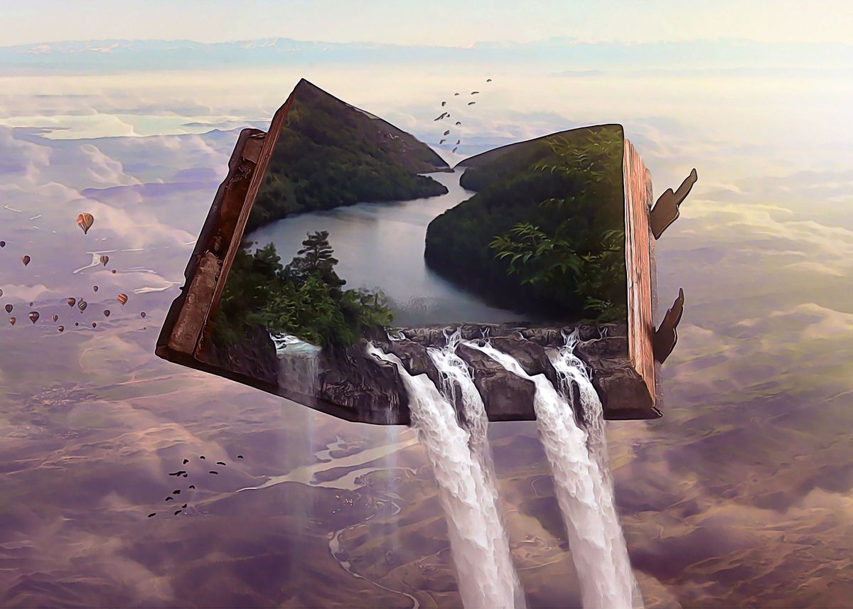 'Book and waterfall' Poster, picture, metal print, paint by Donma Art ...
