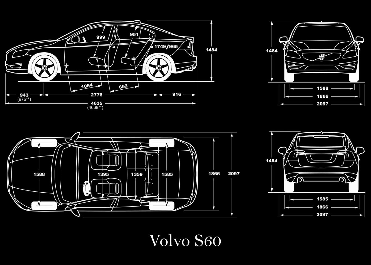 'Volvo S60 2018 Blueprint' Poster, picture, metal print, paint by B & W ...