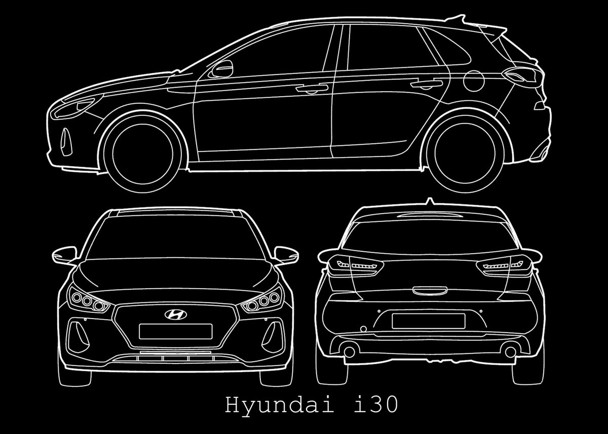 'Hyundai i30 2017 Blueprint' Poster, picture, metal print, paint by ...