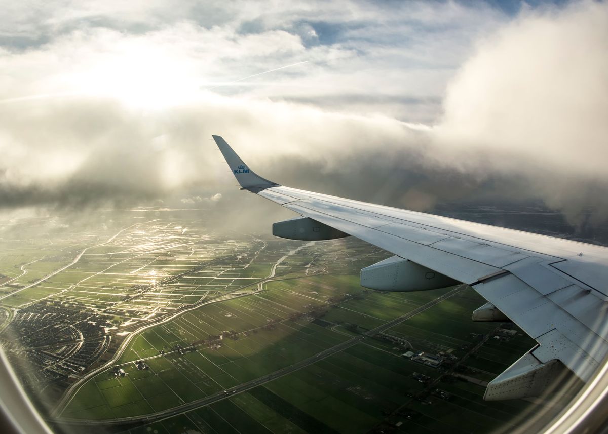 'Wing view flying airplane' Poster, picture, metal print, paint by ...