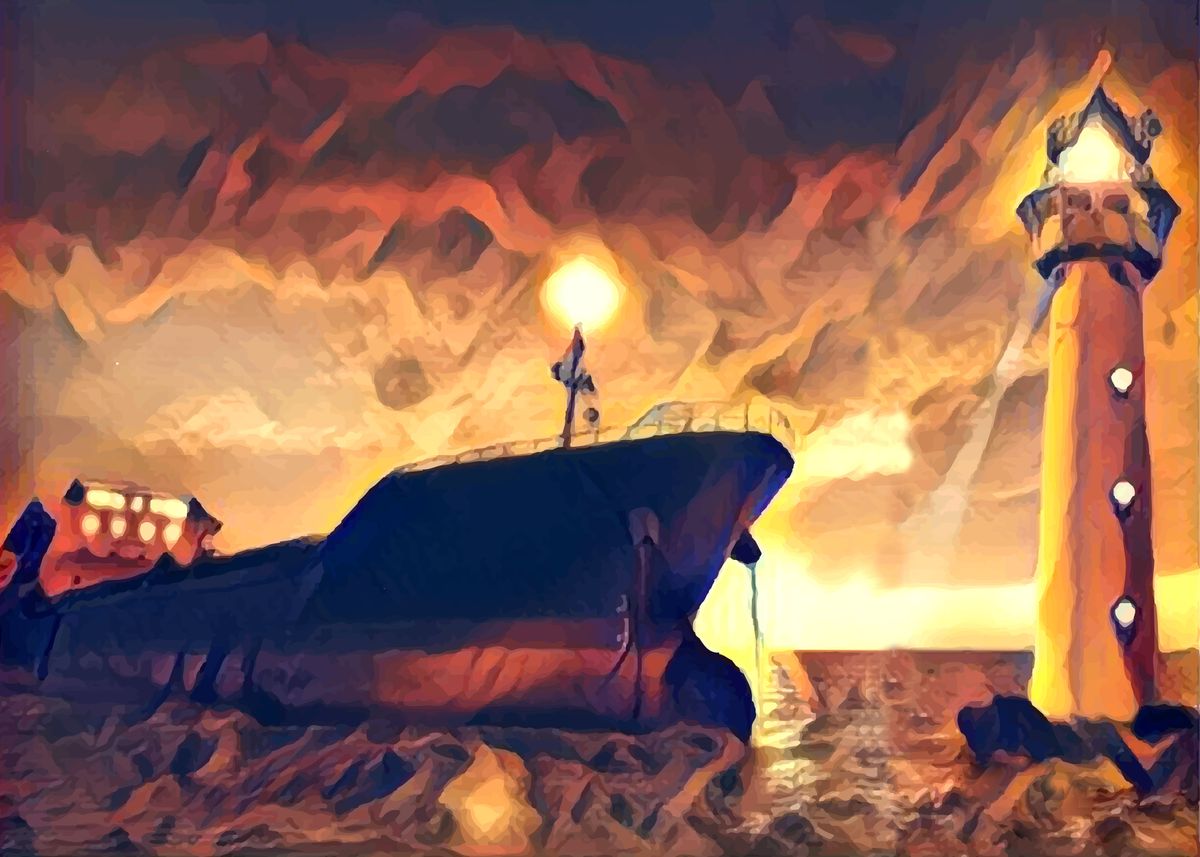 'Lighthouse ship in night' Poster, picture, metal print, paint by Rozi ...