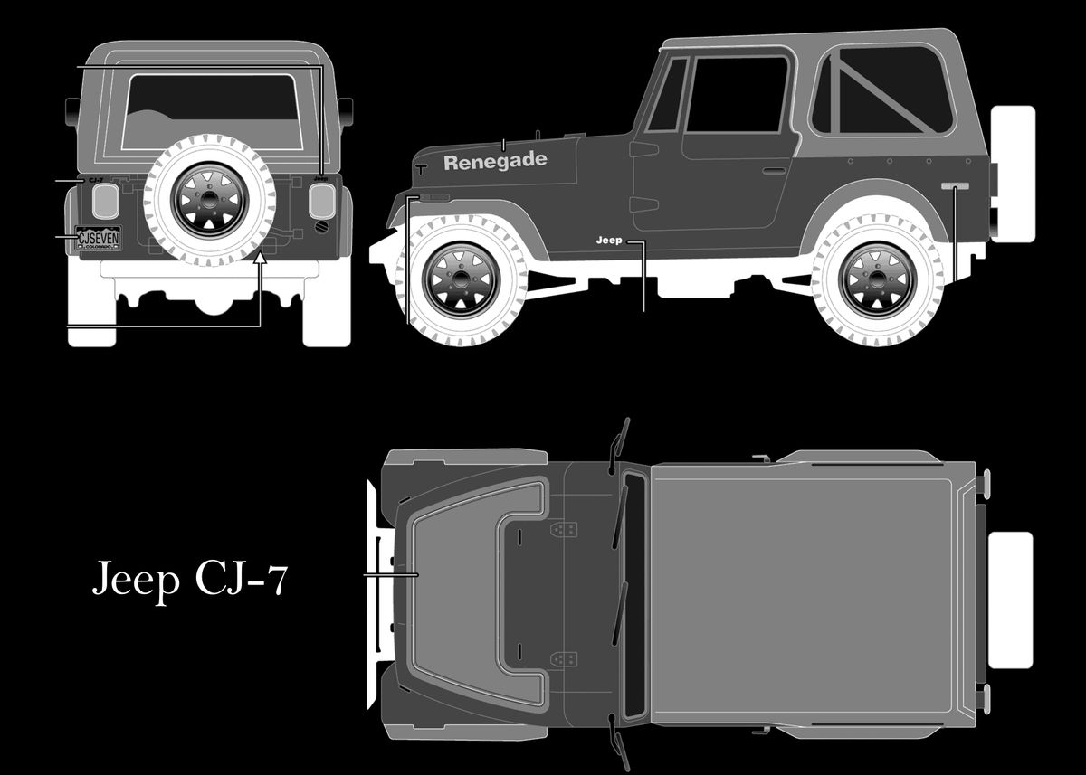 'Jeep CJ7 1977 Blueprint' Poster, picture, metal print, paint by B & W ...