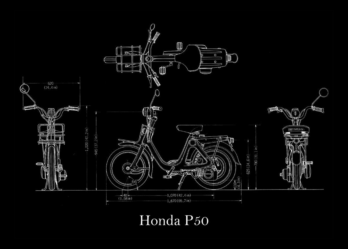 'Honda P50 Blueprint' Poster, picture, metal print, paint by B & W Arts ...