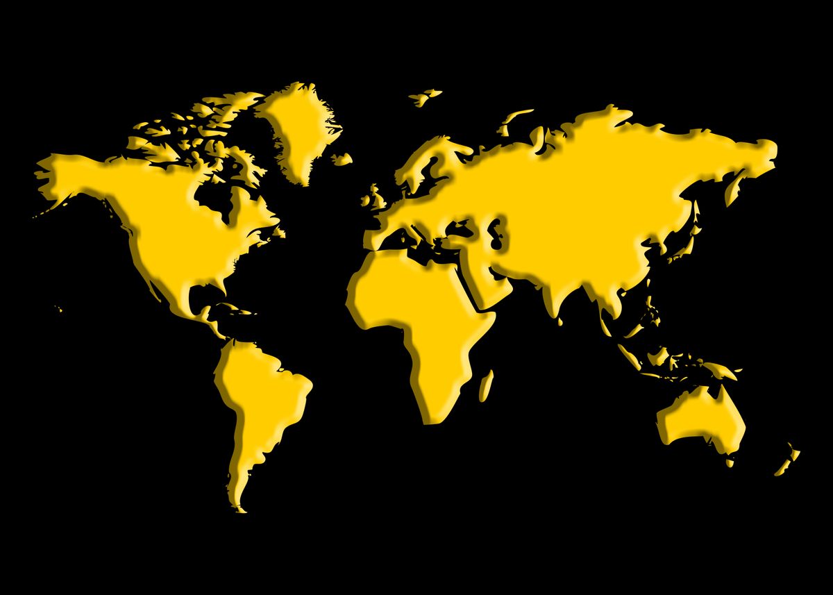 'World Map Yellow On Black' Poster, picture, metal print, paint by Art ...