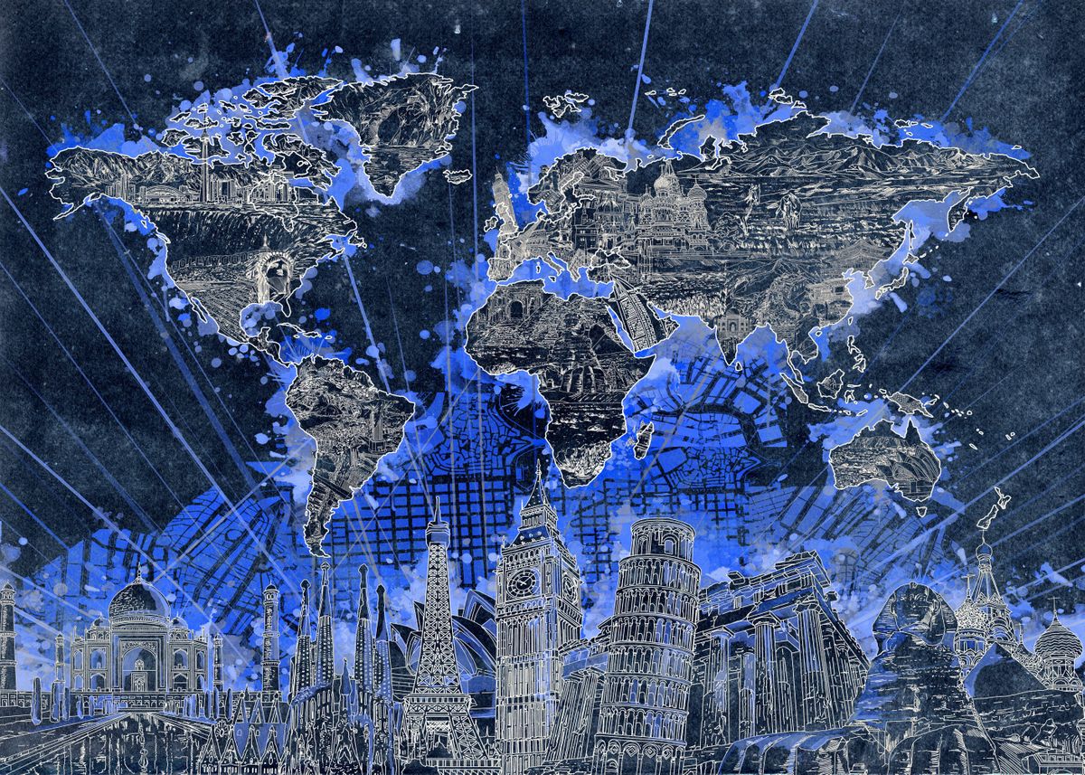 'world map landmark collage' Poster, picture, metal print, paint by ...