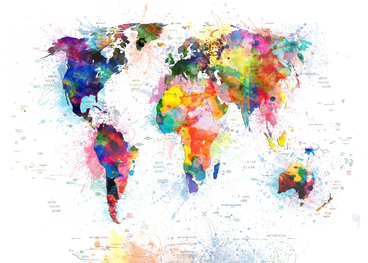'world map political color' Poster, picture, metal print, paint by ...