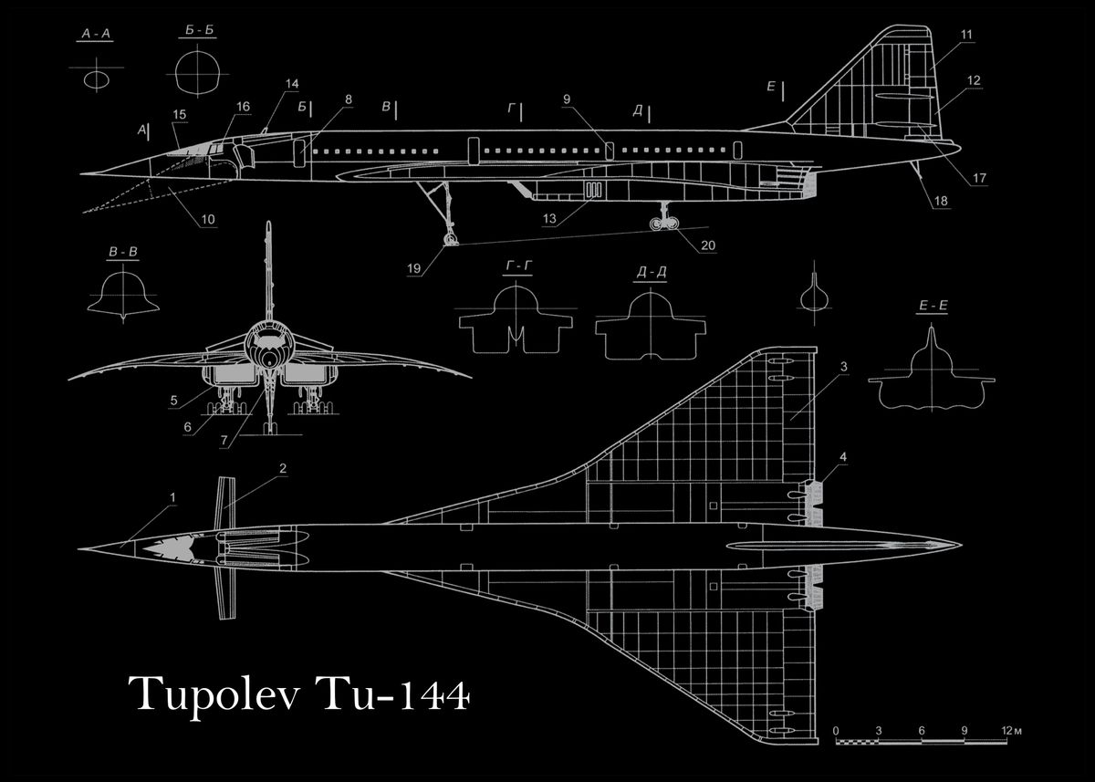 'Tupolev Tu144 Blueprint' Poster, picture, metal print, paint by B & W ...