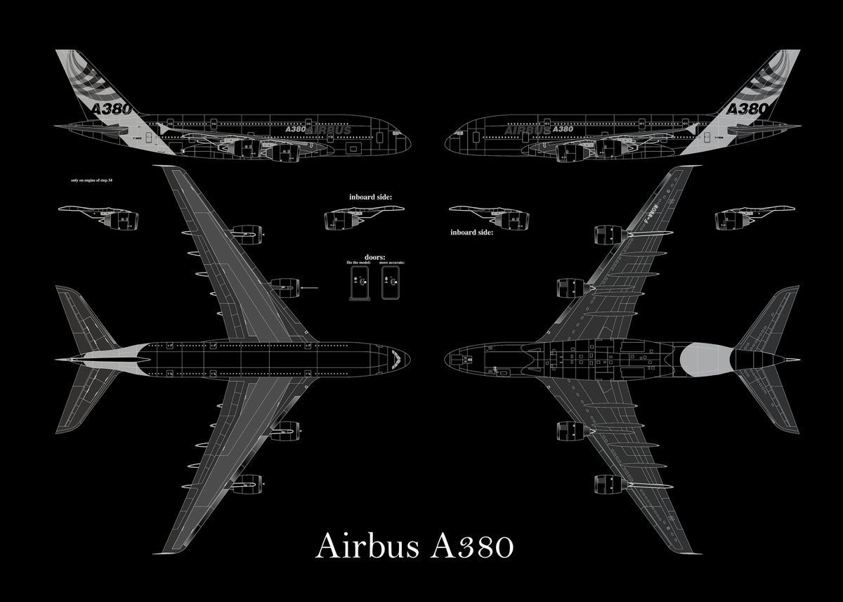 'Airbus A380 Blueprint' Poster, picture, metal print, paint by B & W ...