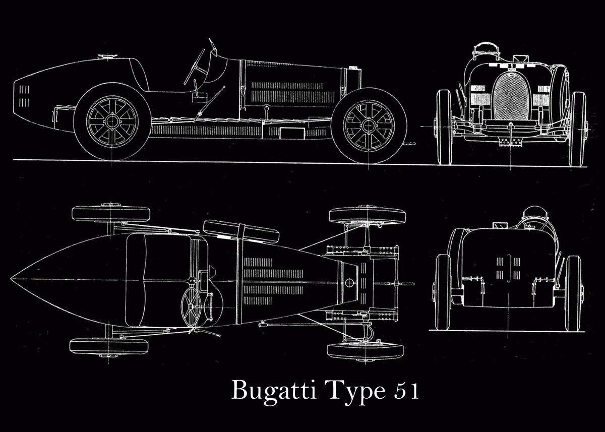 'Bugatti Type 51 Blueprint' Poster, picture, metal print, paint by B ...