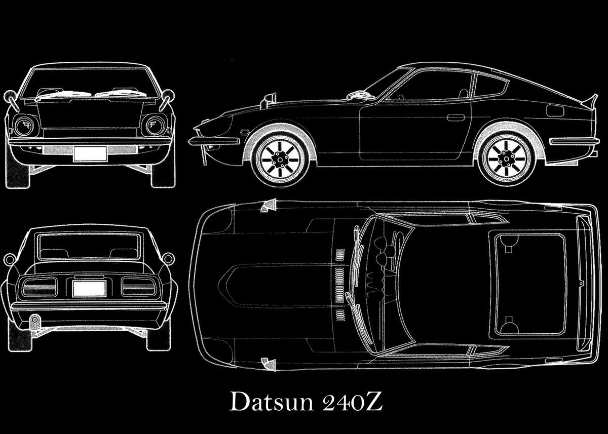 'Datsun 240Z 1972 Blueprint' Poster, picture, metal print, paint by B ...