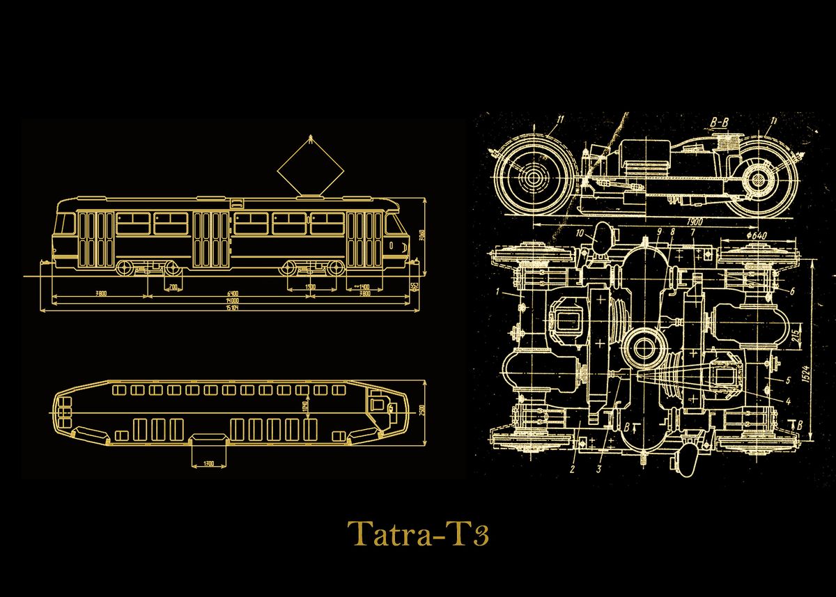 'Tatra T3 blueprint gold ' Poster by B & W Arts | Displate